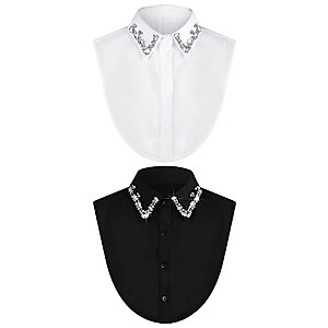 Bencailor 2 Pieces Rhinestone Fake Collar Detachable Dickey Collar for Women Half Shirt Collar Blouse False Collar for Women Girls Outfits, White and Black