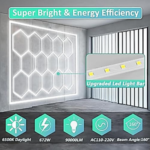 DHXYHQY LED Honeycomb Garage Light Fixture, Linkable Plug-in Ceiling Light, 6500K 14 Grid Hexagonal Light Set with Rectangle Frame for Garage, Detail Shop, Commercial Store, Office,Green Frame