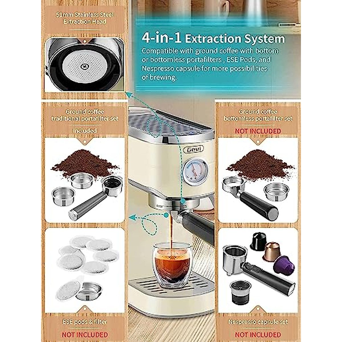 Gevi 20 Bar Professional Espresso Coffee Machine with Milk Frother/Steam Wand for Espresso, Latte and Cappuccino, with 35 Precise Grind Settings Burr Coffee Grinder