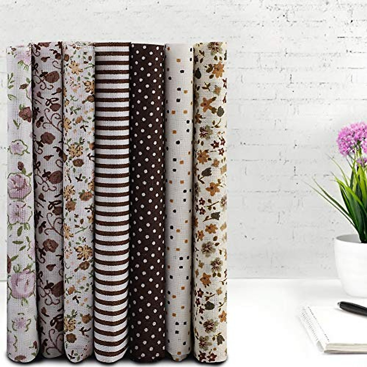 7 Pcs DIY Square Coffee Dot Assorted Cotton Fabric,25x25cm Pre Cut Floral Cloth Bedding Kit Quarters Bundle for Handmade Crafts(25 * 25)