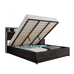 LUXOAK King Size Lift Up Storage Bed, Wood Platform Bed Frame with Storage Headboard & Charging Station, No Box Spring Needed, Easy Assembly, Black