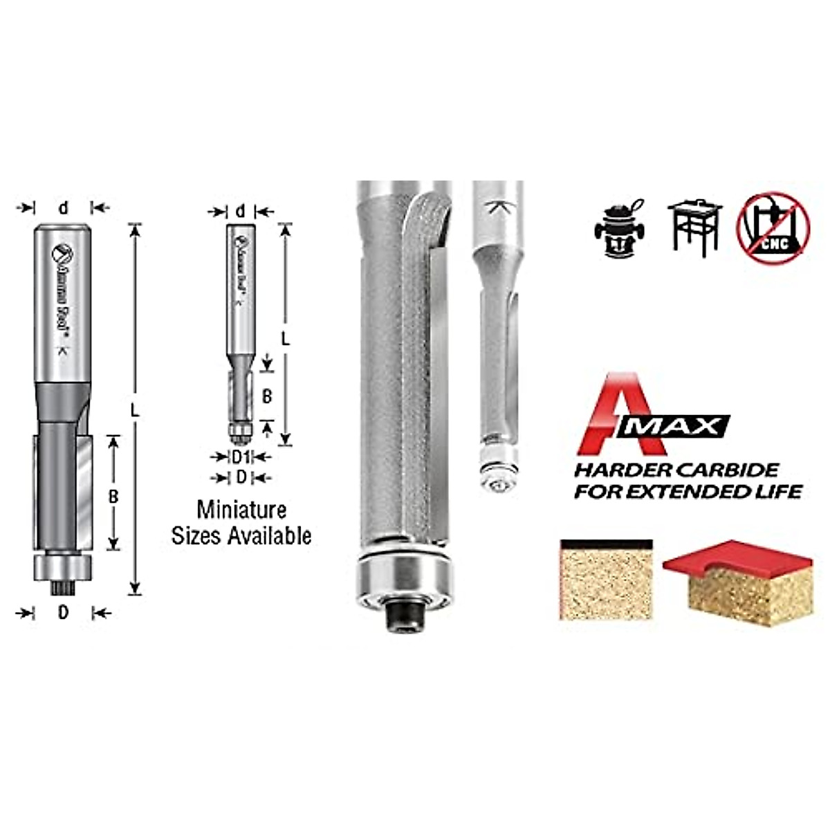 Amana Tool - MR0103 Miniature 3/16 Dia Flush Trim with 3/16 Dia Ball Bearing x 3/4 x 1/4