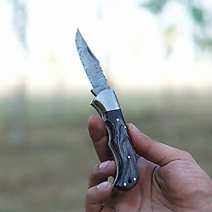 KIMPE 6.5" Damascus Pocket Knife with Holster-Folding Knife-EDC Knife-Best Camping Knife & Survival Knife-Pocket Knives for men & Self Defense Knife for Women (Pakka Grey Wood)