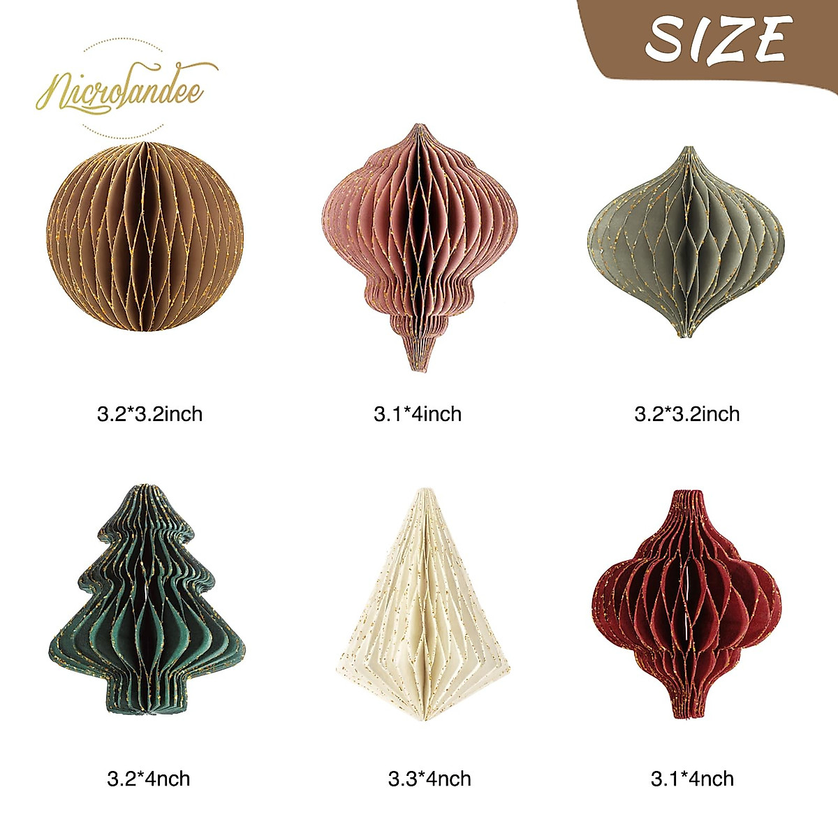 NICROLANDEE Christmas Party Decorations - 6 PCS 3D Mini Glitter Edge Paper Honeycomb Lantern Green, Red, Brown, Ivory, Gray Hanging Ornaments for Christmas Tree Décor, New Years Party, Home Decor