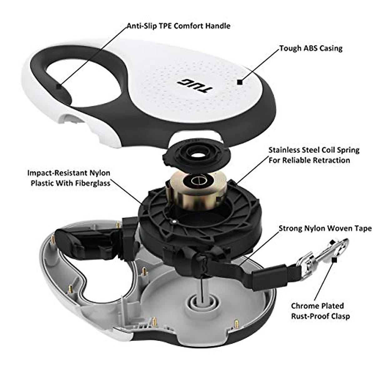 TUG 360° Tangle-Free Retractable Dog Leash | 16 ft Strong Nylon Tape | One-Handed Brake, Pause, Lock (Medium, White)