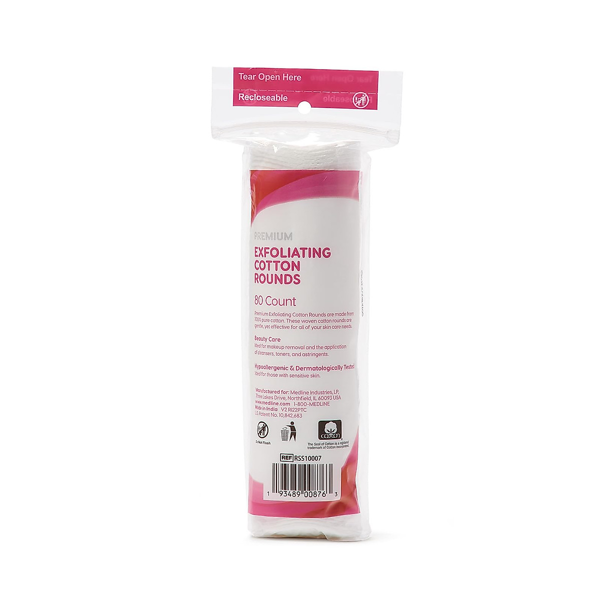 Medline Simply Soft Hypoallergenic Exfoliating Dual Textured Cotton Rounds Pads, 80 Count (Pack of 6)