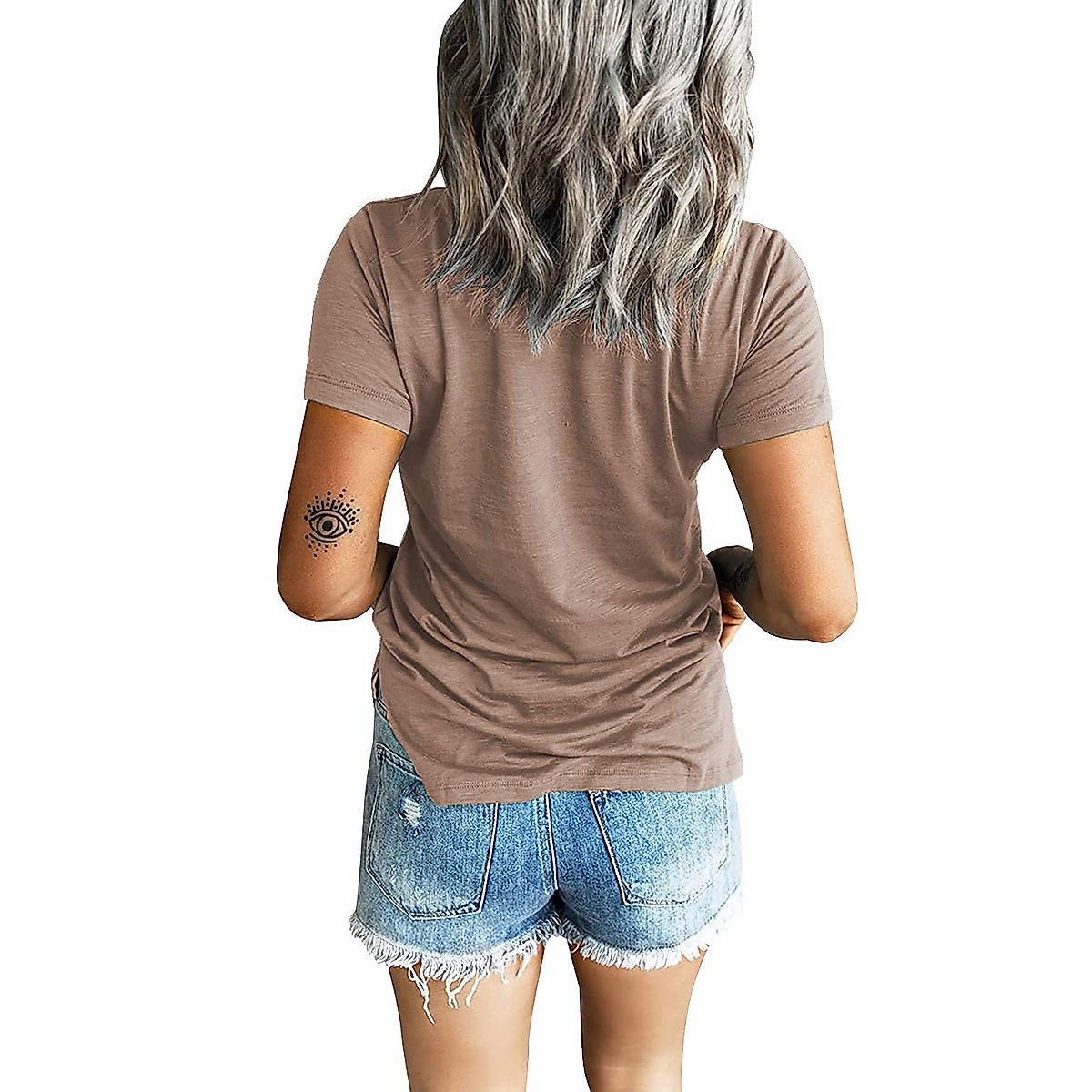 Sunborui Women's Summer Short Sleeve V Neck T Shirts Pocket Solid Loose Casual Tee Tops (Brown, X-Large)