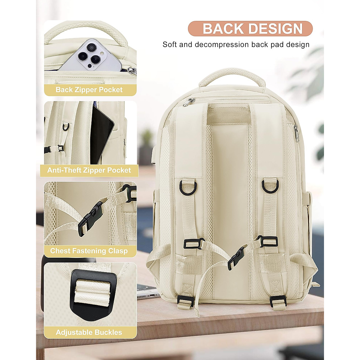 Travel Carry on Backpack, Aesthetic Laptop Backpack Purse for Women Men Airline Approved, Waterproof Personal Item Size Backpack Casual Daypacks for College, Business with USB Charging Port, Beige