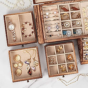 Poyilooo Jewelry Box Organizer, Solid Wood Jewelry Boxes for Women for Storage & Display Necklace Ring Earring Bracelet, Rustic Style Jewelry Organizer Box for Women Gifts (Carbonized Brown)
