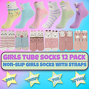 Tiny Captain Baby Toddler Girls Animal Grip Socks Tube Socks Anti-Slip Cartoon Sock (1-3T, Pink and Pastel - 12 Pairs)