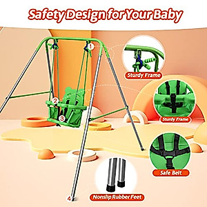 Toddler Swing, Swing for Baby with Safety Belt Seat and Foldable Metal Stand, Infant Swing Set for Backyard Indoor Outdoor Play, Baby Swing for Toddlers Age 1-3 at Home