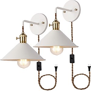 White Plug in Wall Sconces Set of Two,Wall lamp with Plug in Cord of 2 for Bedroom Hanging Wall Lights E26 Edison Brass lamp Holder with Frosted Paint Body Bedside lamp
