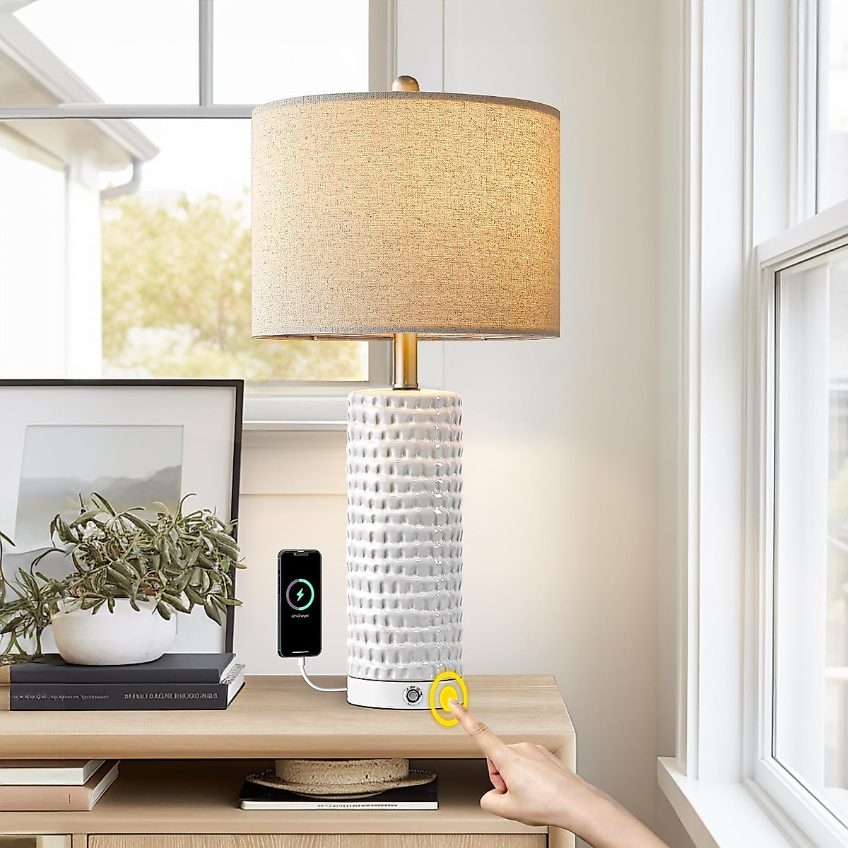 PORTRES 24" Farmhouse 3-Way Dimmable Touch Ceramic Table Lamp Set of 2 for Bedroom White Bedside Lamps with USB A+C Charging Ports for Living Room Nightstand Lamp End Table Lamps