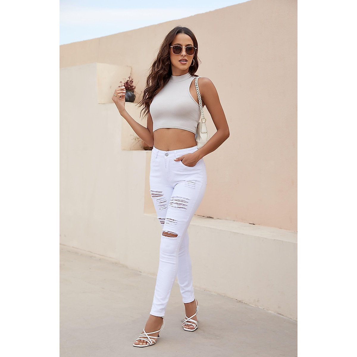 Cqinnifu High Waisted White Ripped Jeans for Women Stretch Butt Lifting Distressed Jean Skinny Jeggings for Women