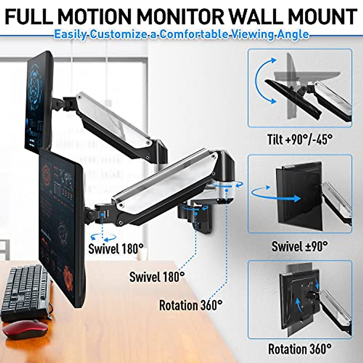 MOUNTUP Dual Monitor Wall Mount for 2 Max 32 Inch Computer Screen, Silver Polished Aluminium Full Motion Gas Spring Double Monitor Arm, VESA Bracket Support 3.3-17.6lbs, Swivel Monitor Stand Holder