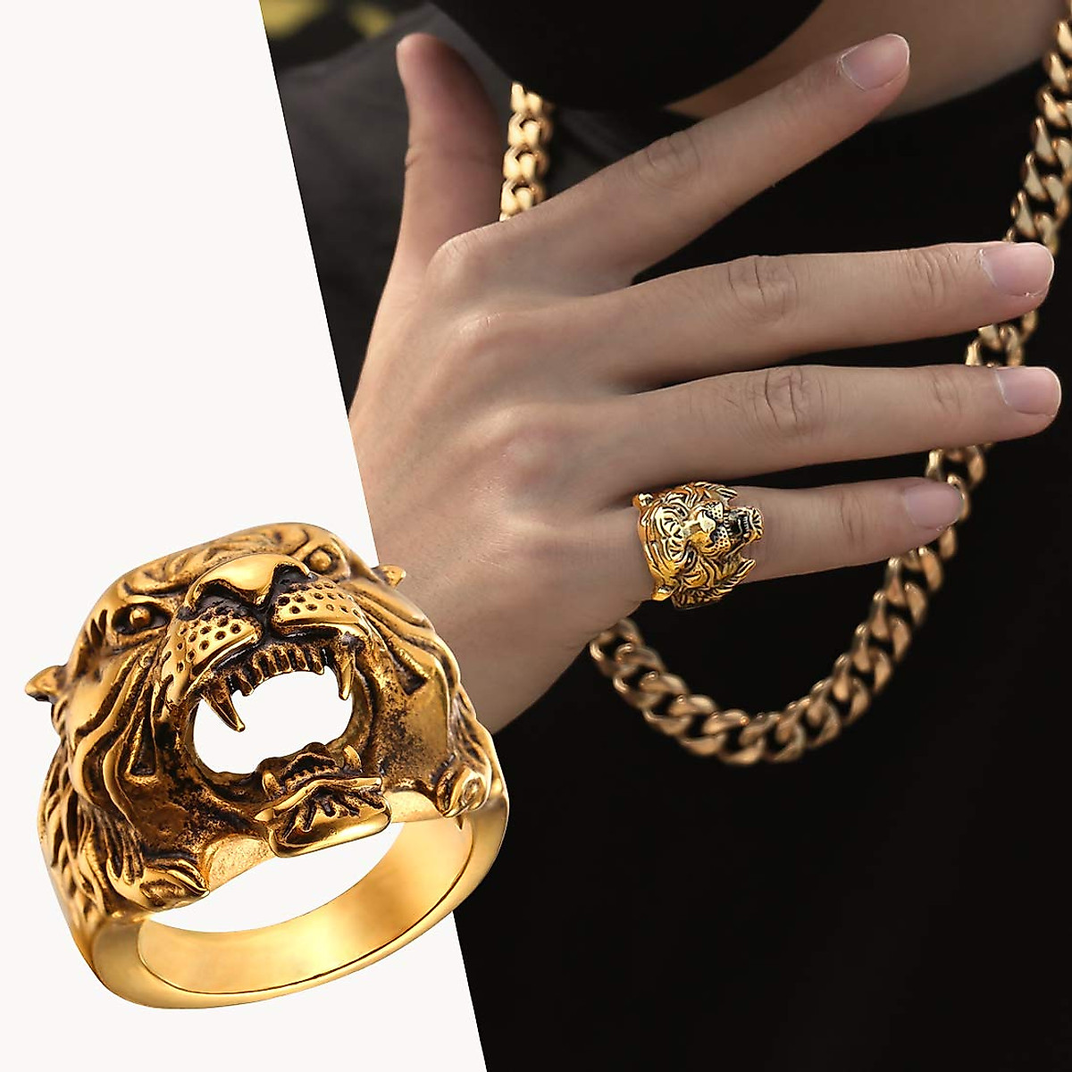 U7 Men's Punk Animal Signet Ring 18K Gold Plated Vintage Enamel Black Retro Tiger Head Ring -Size 13