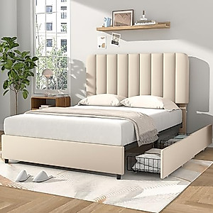 VECELO Queen Size Bed Frame with Ajustable Headboard and 4 Storage Drawers, Velvet Heavy Duty Platform Beds with Strong Wood Slats Support, No Box Spring Needed, Beige