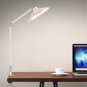 Wellwerks Swing Arm Desk Lamp, 12W Eye-Caring LED Desk Lamp with Clamp, Dimmable Desk Light with Timer and Memory Function, 3 Color Modes, Modern Architect Table Lamp for Task Study (Pink)