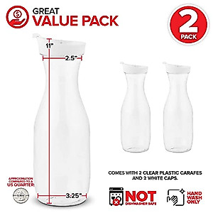 Plastic Juice Carafe with Lids (Set of 2) 32 oz Carafes for Mimosa Bar, Drink Pitcher with Lid, Water Bottle, Milk Container, Clear Beverage Containers for Fridge, Pantry Storage, Round Pitchers
