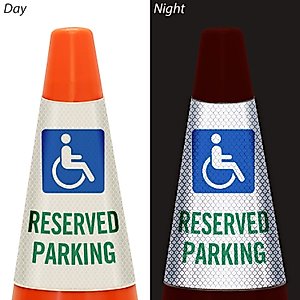 SmartSign “Reserved Parking with Handicapped Symbol” Bright Reflective Cone Message Sleeve, [Cone Not Included]
