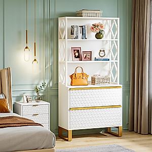 Tribesigns 4-Tier Bookshelf with 2 Drawers, 71" Tall White and Gold Bookshelf with Open Shelves & Drawer, Modern Bookcase Display Book Shelf Organizer for Bedroom, Living Room, Home Office