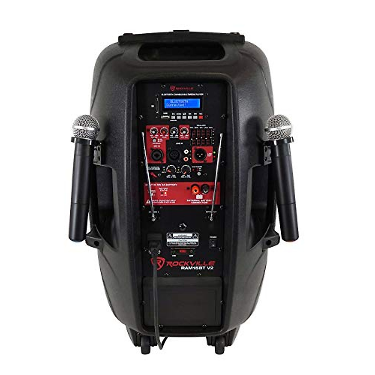 Rockville 15" Rechargable Powered 800W PA DJ Speaker, 2 Mics, Bluetooth (RAM15BT V2)