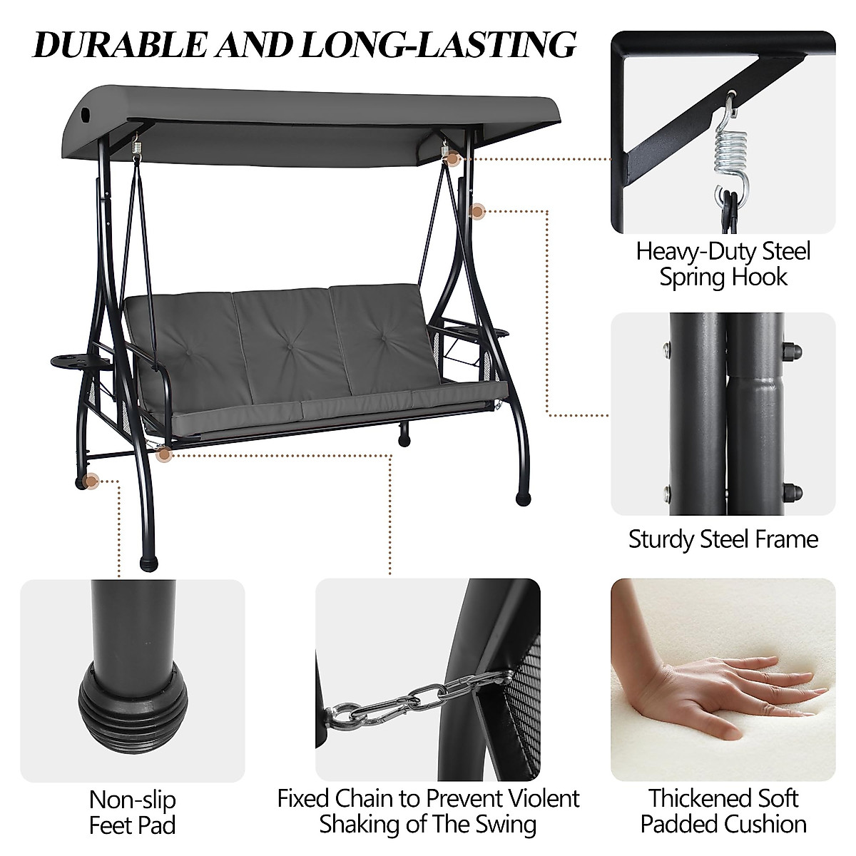 GARTOO 3-Seat Outdoor Large Porch Swing with Converting Canopy, Patio Hammock Lounge Swing Chair for Porch, Backyard, Poolside, Adjustable Shade & Removable Cushions(Gray)