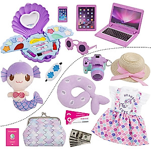 Srua Don 18 Inch Doll Suitcase Travel Luggage Play Set, 18" Doll Mermaid Theme Travel Carrier Storage Accessories for 18inch Doll, Include Case Doll Clothes Hat Sunglasses Camera Pillow Toy Pet, etc