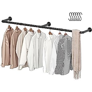 YATINEY Pipe Clothes Rack, 65.2in Wall Mounted Industrial Clothing Rack, Heavy Duty Detachable Garment Rack, Closet Hanging Clothes Rod, Multi-Purpose Hanging Rod for Bedroom, Black FS13L2BB