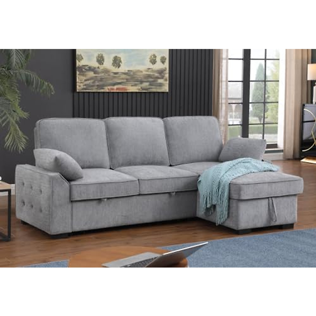 Lilola Home Mackenzie Light Gray Chenille Fabric Sleeper Sectional with Right-Facing Storage Chaise, Drop-Down Table, Cup Holders and Charging Ports