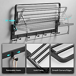 MUSTORN Towel Rack Wall Mount for Bathroom with Towel Bar and Hooks 23.6 in Foldable Towel Shelf Lavatory Towel Organizer Matte Black
