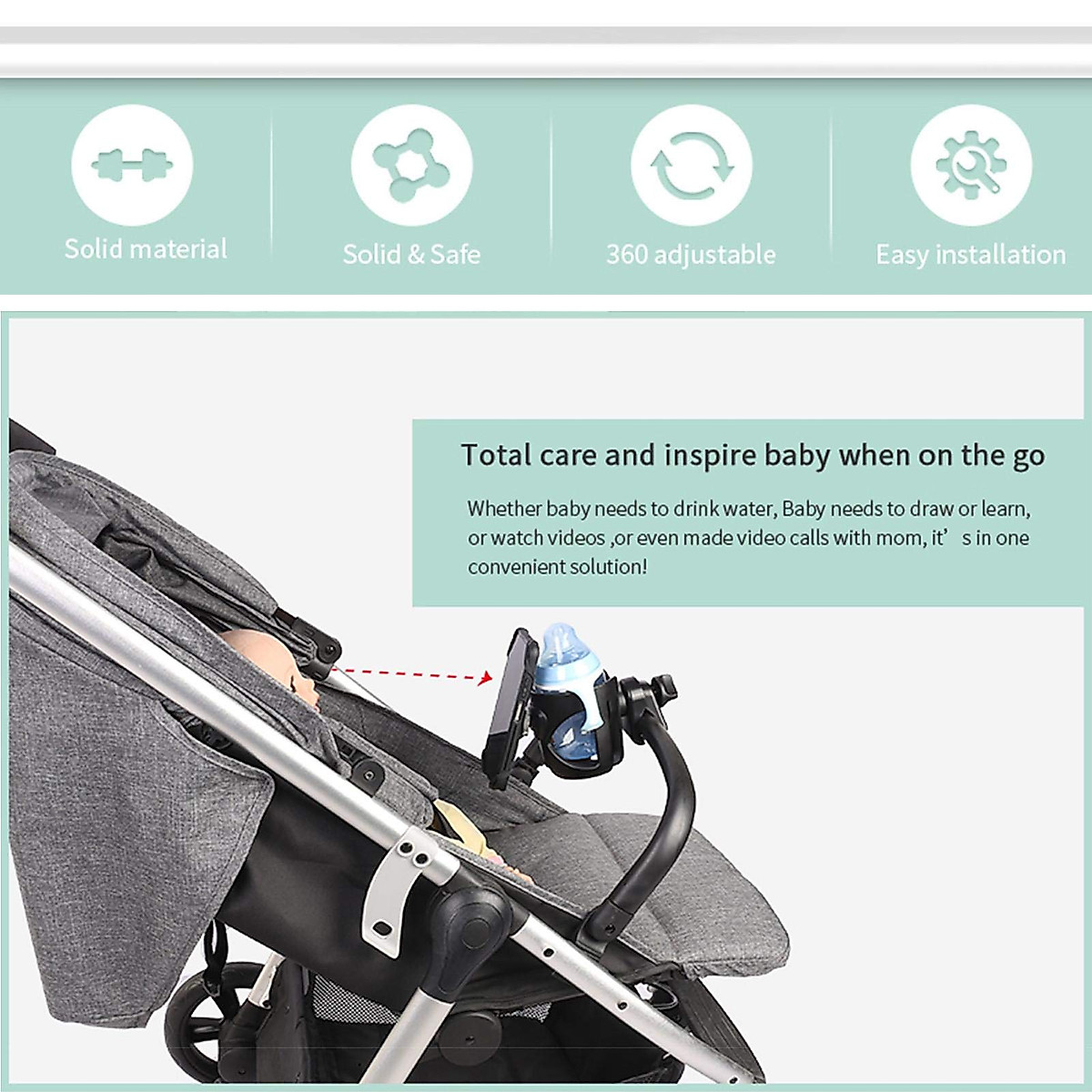 2 in 1 Stroller Cup Holders, 360 Degrees Rotation Universal Cup Holder Rack Bottle Holder with Phone Holder for Buggy Pushchair Wheelchair