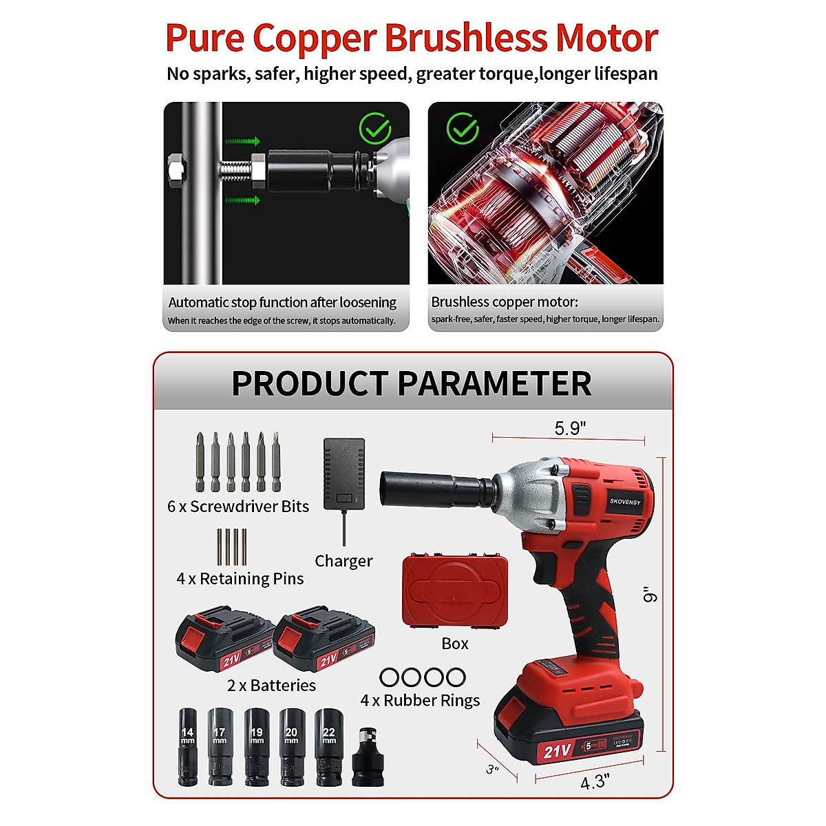 SKOVENSY Cordless Impact Wrench 258Ft-lb（350N.m）, 1/2 Impact Gun, 2 Batteries, Pistola de Impacto, with 5 Sockets, Electric Impact Driver for Car Tires and Home RED