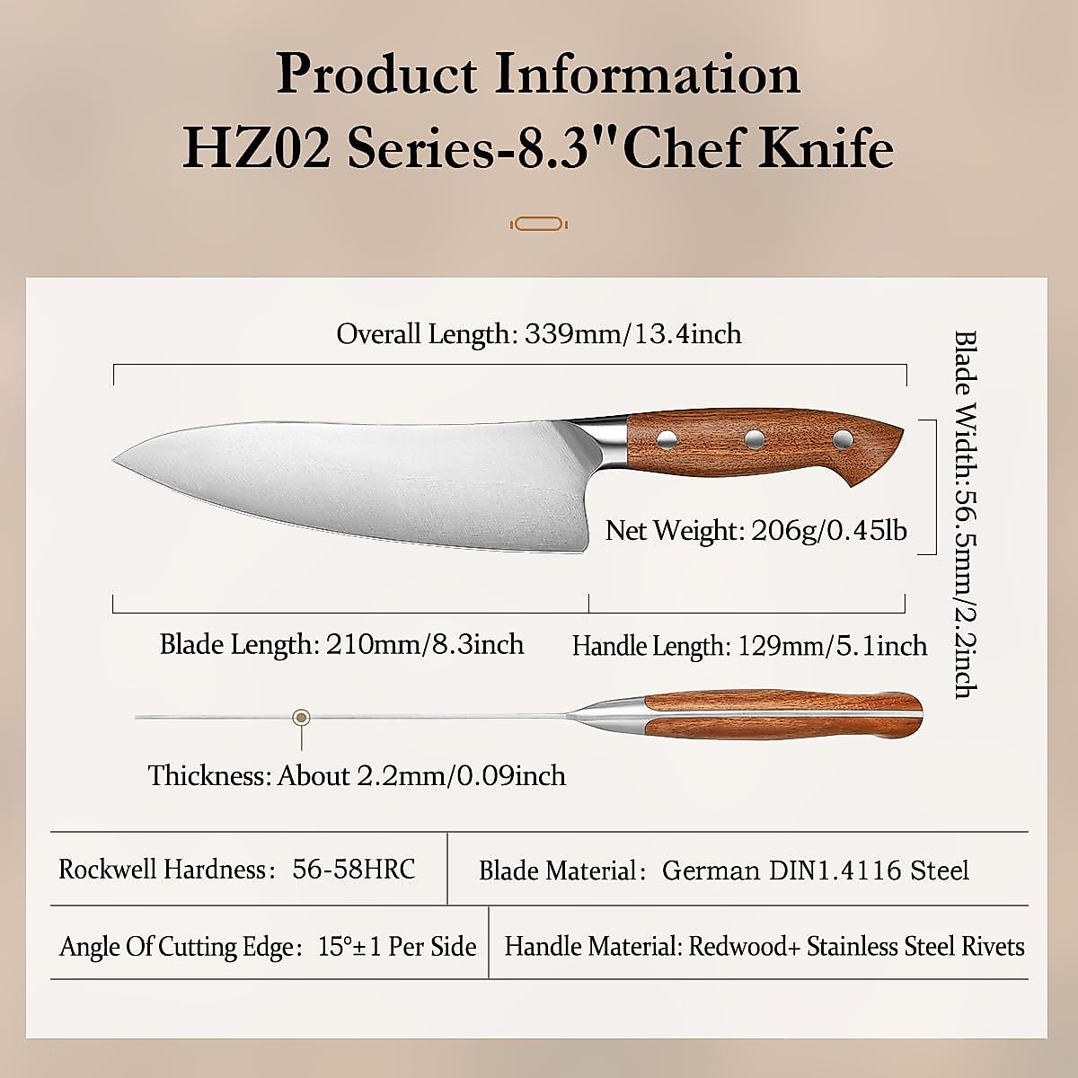 HEZHEN Pro Chefs Knives 8.3 Inch,High Carbon German 1.4116 Steel,Stainless Steel Rivets with Red Wood Handle，Razor Sharp,Super Edge,with Woodern Knife Sheath