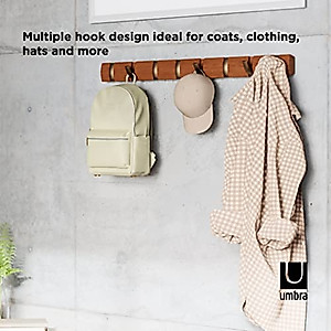 Umbra Flip Wall-Mounted Coat Rack Rail Hook for Hats, Jackets, Bags and More – Modern, Space-Saving Storage Organizer for Entryway, Mudroom, Closet, Bathroom, Bedroom, Kids Room, or Nursery, 8 Hooks, Light Walnut/Gold