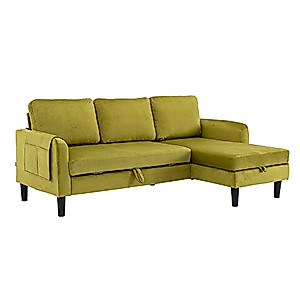 Eafurn Sectional Pull Out Bed, PU Leather Upholstered 3 Seats Sleeper Reversible Chaise Lounge w/Storage, Modern Design 72" L-Shaped Corner Sofa & Couches for Living Room, Olive