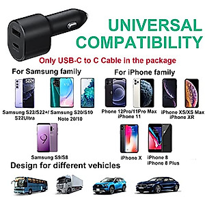 Samsung 60w Car Charger Super Fast Charging 2.0 Dual-Port (45W+15W) with USB C to C Cable fo Samsung Galaxy S23,S22,S21/S21 Ultra/ S21 Plus 5G,Note 10/10+ 5G Z Fold 3 5G, S20/Note 20, Tab S7/S7+