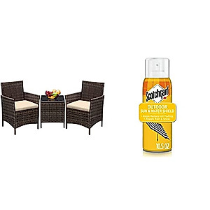 Greesum 3 Pieces Patio Furniture PE Rattan Wicker Chair Conversation Set, Brown and Beige & Scotchgard Sun and Water Shield, Repels Water, 10.5 Ounces