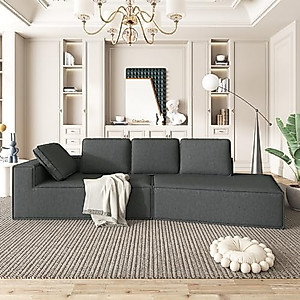FANYE L-Shape Modular Lounge Sectional Sofa with Left Chaise, Modern Living Room Chenille Upholstered Foam Couch for Home Apartment, 2 PC Free Combination Deep Seat Cloud Sofa&Couch W/4 Pillows, Grey