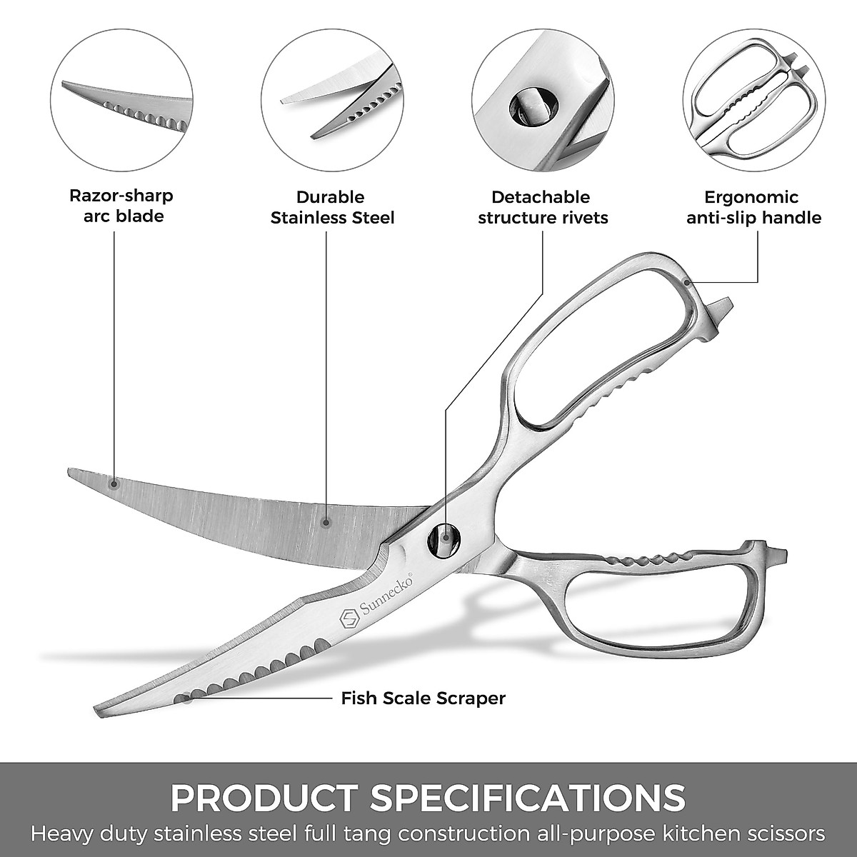 Sunnecko Kitchen Scissors for Food, Kitchen Scissors Heavy Duty Kitchen Shears That Come Apart, 9 Inch Fully Forged Stainless Steel with Curved Blades