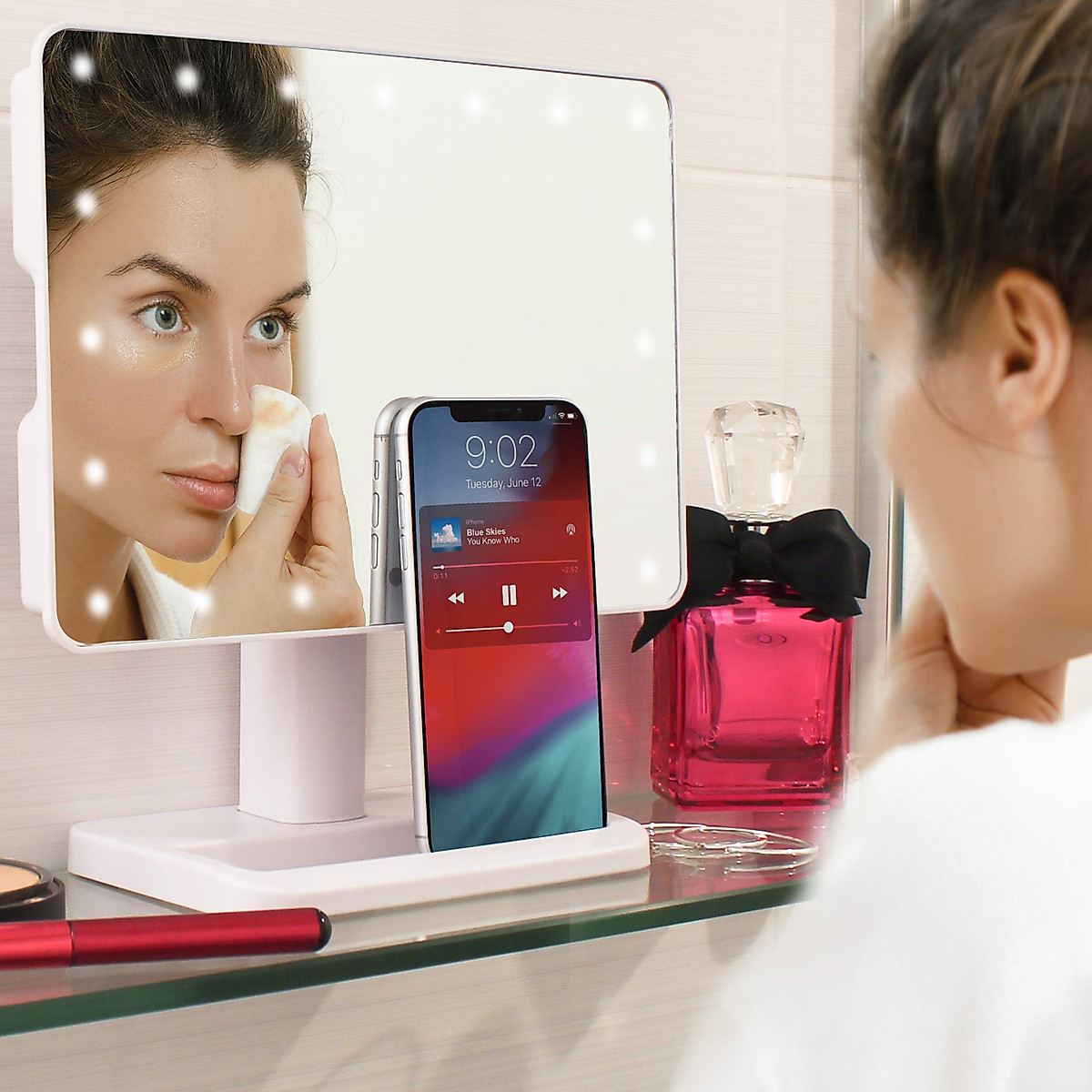 Aduro Vanity Mirror Makeup Mirror With Lights And Wireless Speaker, U-Reflect Beauty LED Wireless Swivel Smart Home Audio Mirror With Tray (White)