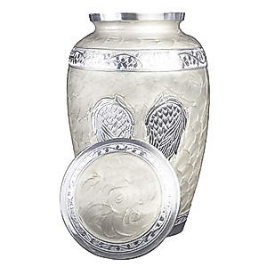 Custom Engraved Angel Wings Funeral Cremation Urn with Velvet Bag (Pearl White, Large)