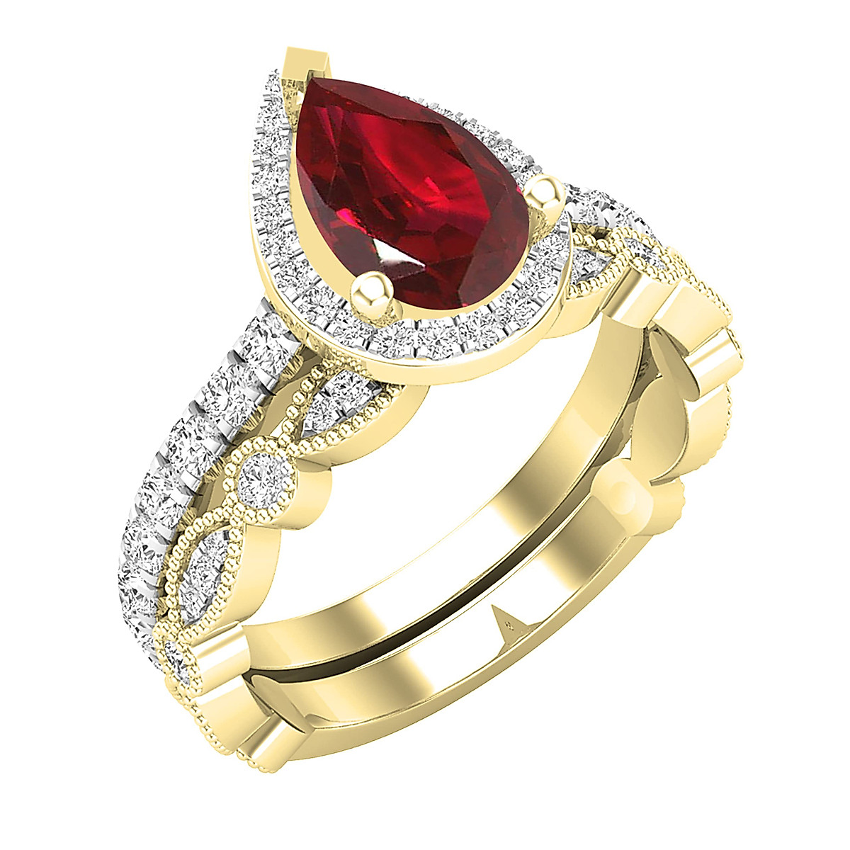 Dazzlingrock Collection 9X6 MM Pear Lab Created Ruby and 0.78 Carat (ctw) Round White Diamond Halo Alternating Marquise & Circle Wedding Ring Set for Women in 10K Yellow Gold, Size 8.5