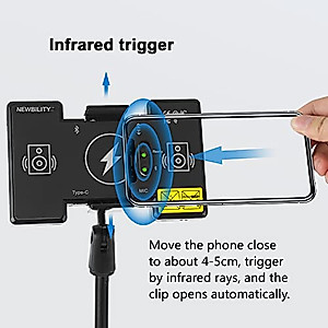 NEWBILITY Cell Phone Stand with Bluetooth Speaker and QI Wireless Charger Dual Stereo Player Infrared Induction Automatic Phone Clip Cell Phone Stand for Desktop 3 in 1