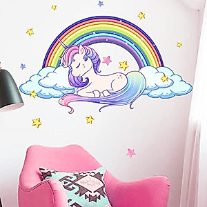 Unicorn Wall Decals Art Rainbow Wall Decals Waterproof Unicorn Wall Stickers with Star Cloud Peel and Stick Rainbow Stickers for Girls Kids Bedroom Nursery Playroom Decor (Unicorn)