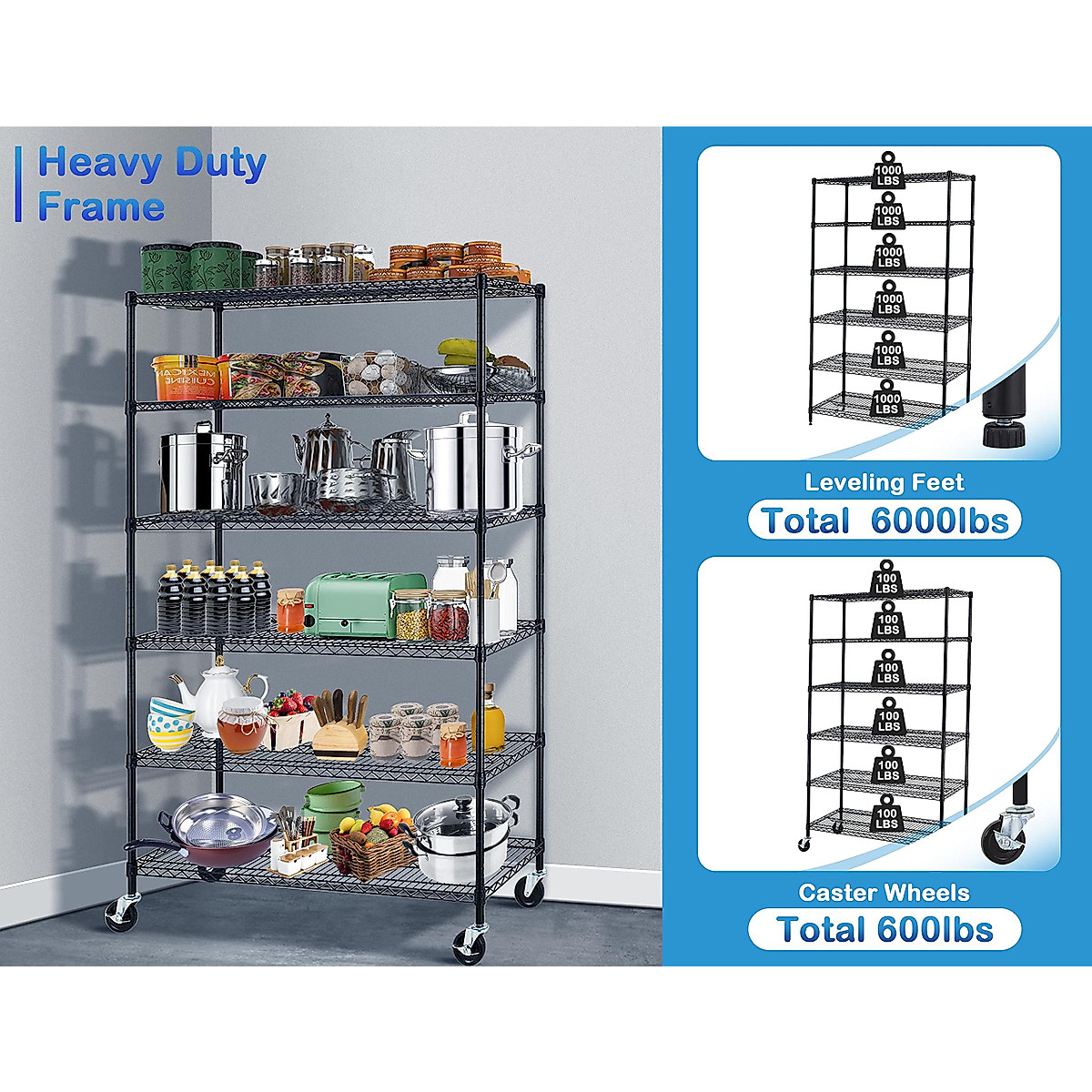 6000Lbs Capacity Storage Shelves, 6 Tier NSF Certified Heavy Duty Wire Shelving with Wheels, 48"Lx18"Wx78"H Adjustable Metal Shelving for Restaurant Pantry Kitchen, Storage Rack Utility Shelf