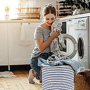 [2 Pack] Yiclick 19 inches 58L Collapsible Large Laundry Hamper, Waterproof Freestanding Laundry Baskets with Extended Handles, Foldable Dirty Clothes Hamper Baskets For Baby Kids Nursery(Blue Stripe)