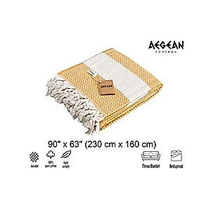 Aegean Concept - 100% Organic Cotton Turkish Throw Blanket ; 90" x 63" (230 cm x 160 cm) Twin Size Modern Boho Rustic Bedspread for Chair, Bed or Couch | Indoor or Outdoor Cozy Hand Woven-Yellow