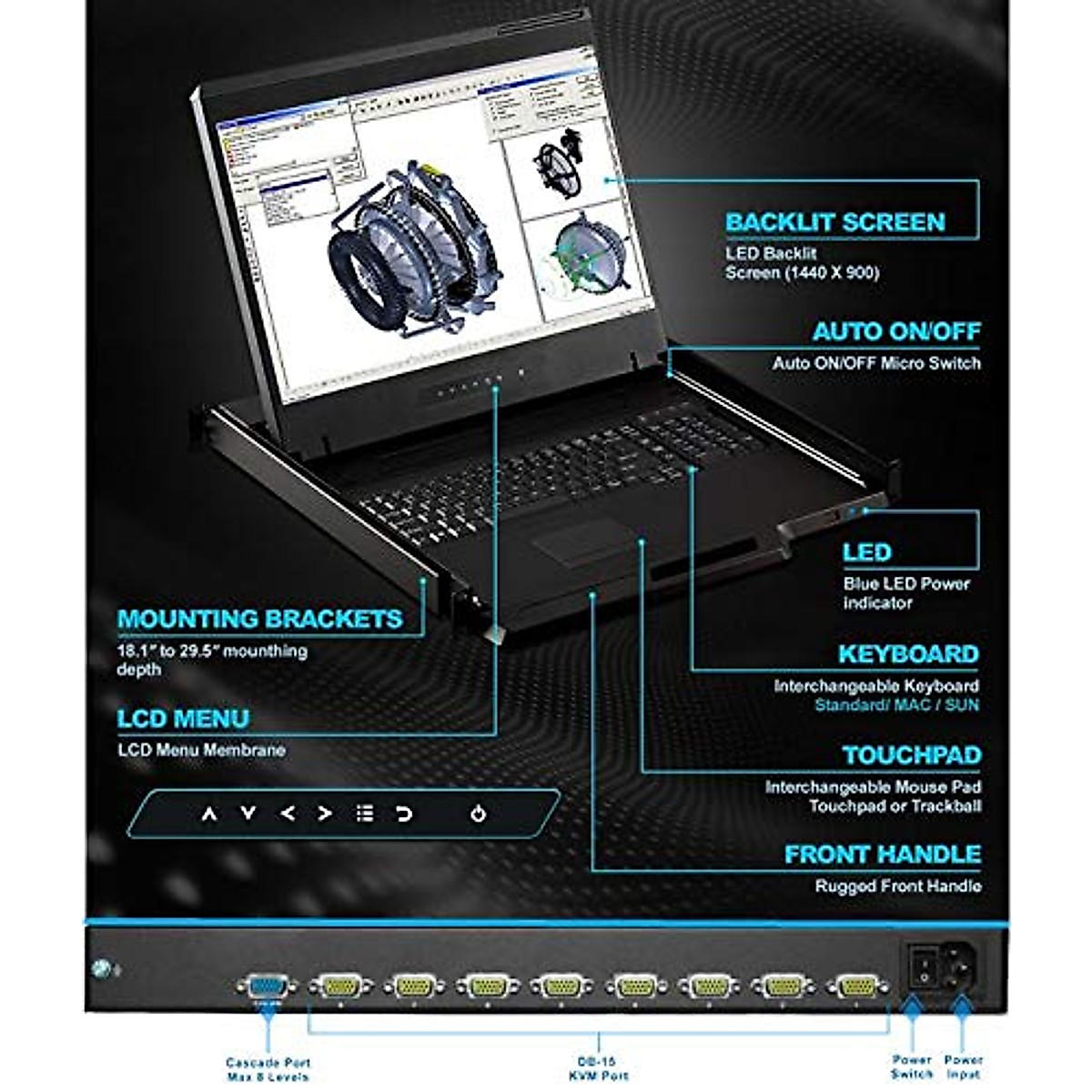Crystal Image Technologies - 1U 19" Rackmount Monitor with 8 Port KVM Switch, 1440 X 900, 8 VGA/USB Cables Included, Part#RM-131-19W-801, 3 Year Warranty