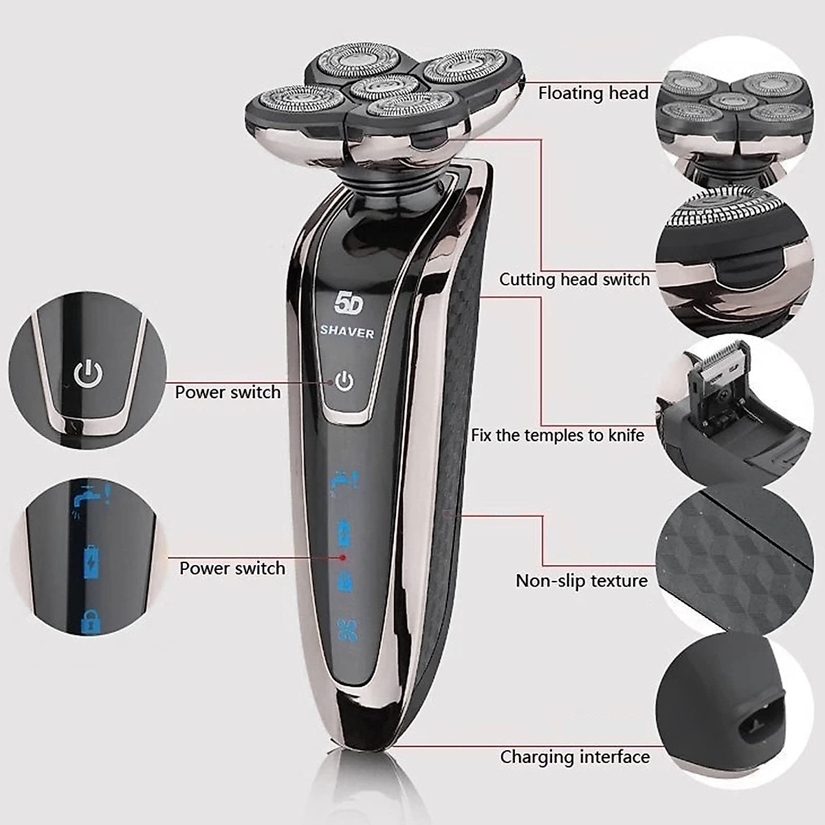 LinMei Electric Shaver 5D Rotary Razor with Pop-up Trimmer LED Display Mens Bald Head Shavers Electric Cordless Rechargeable Mens Shavers Electric Wet and Dry IPX7 Waterproof (Silver)